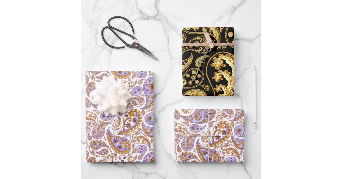Mixed Black, Gold and Purple Classic Paisley Wrapping Paper Sheets | Zazzle