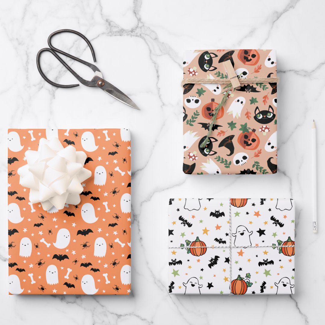 Mixed Halloween Patterns Ghost Pumpkins Bats Wrapping Paper Sheets | Zazzle