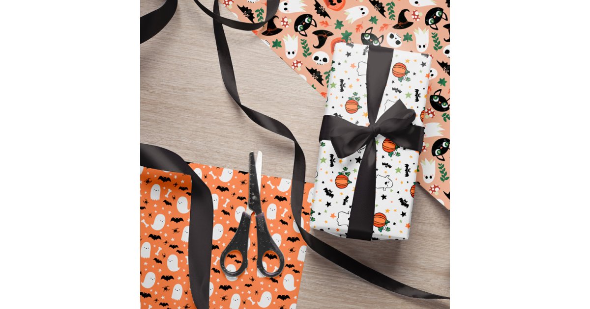 Mixed Halloween Patterns Ghost Pumpkins Bats Wrapping Paper Sheets | Zazzle