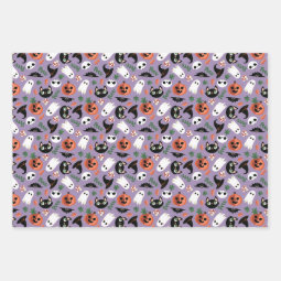 Mixed Purple Halloween Patterns Ghost Pumpkin Bat Wrapping Paper Sheets ...