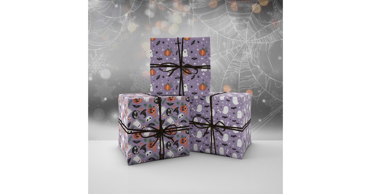 Mixed Purple Halloween Patterns Ghost Pumpkin Bat Wrapping Paper Sheets ...
