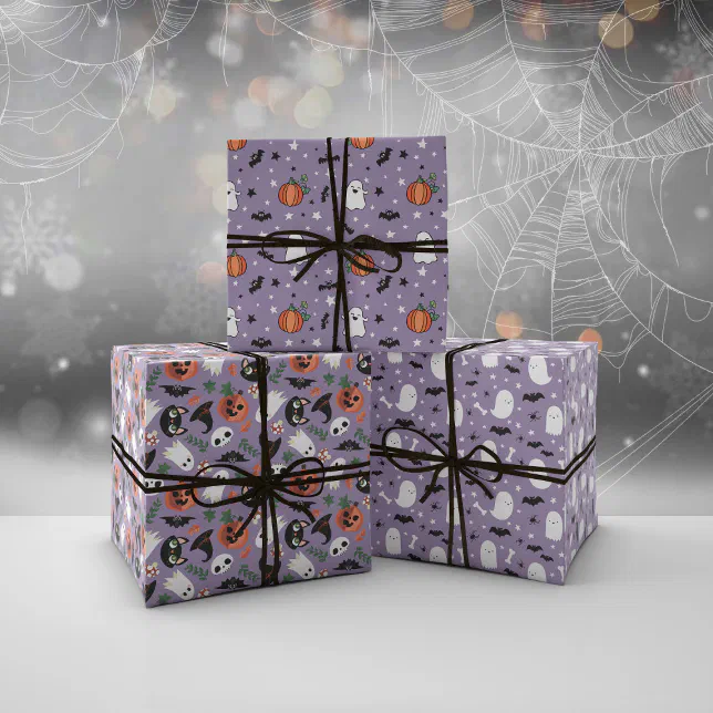 Mixed Purple Halloween Patterns Ghost Pumpkin Bat Wrapping Paper Sheets ...