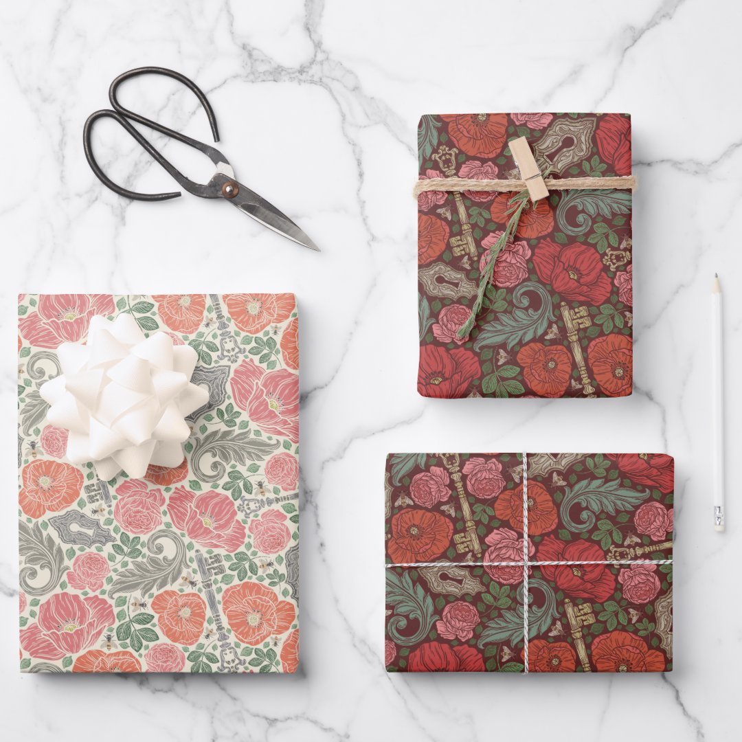 Mixed Vintage Steampunk Old Lock Key Red Poppy Wrapping Paper Sheets ...