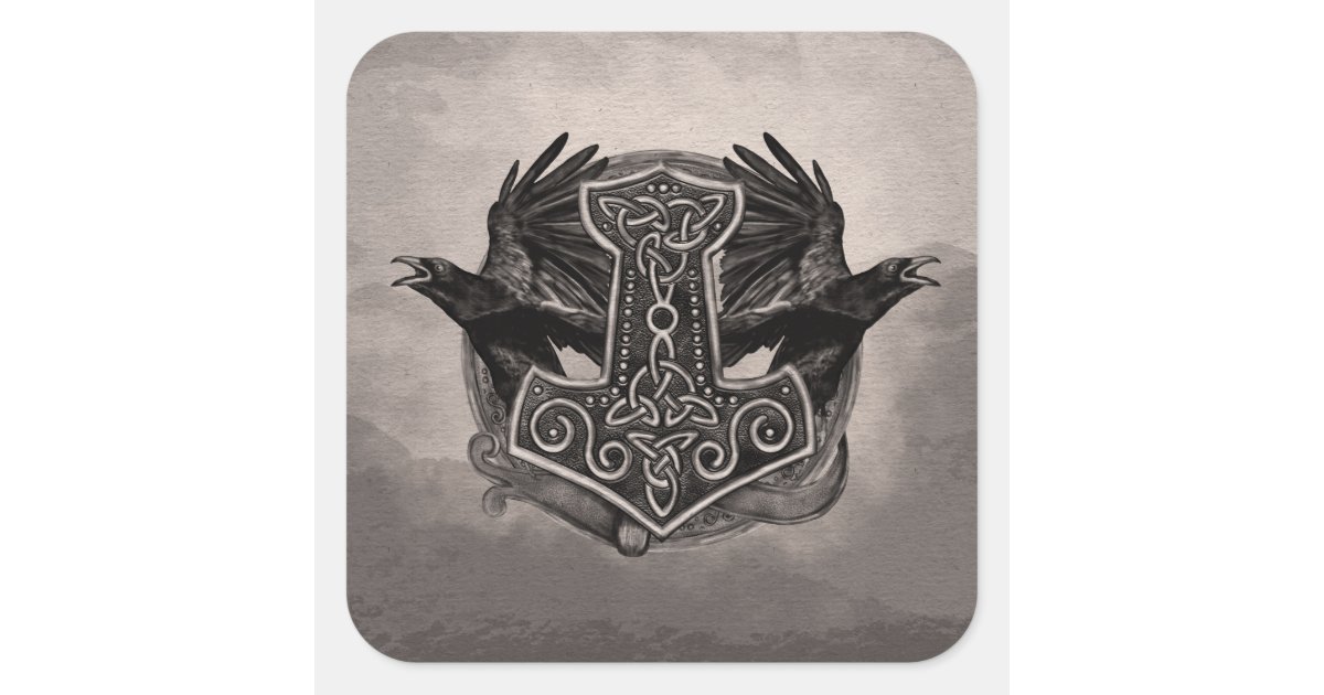 Mjolnir The hammer of Thor and ravens Square Sticker | Zazzle