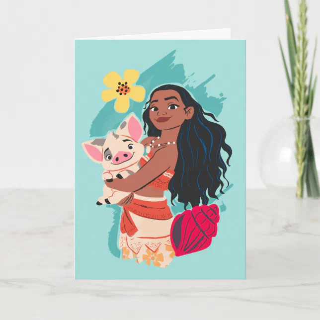 Moana Holding Pua Illustrated Graphic Card | Zazzle