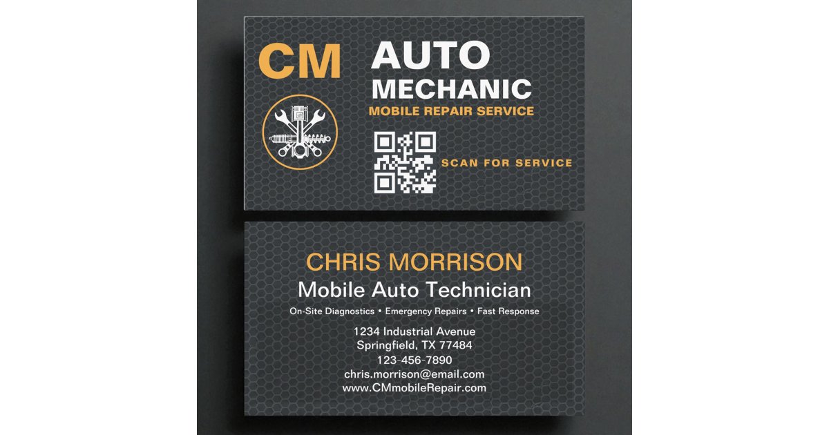 Mobile Auto Mechanic QR Code Monogram Business Card | Zazzle