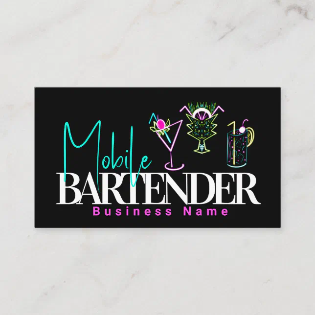 Mobile Bartender Club Bar Neon Drinks Business Card | Zazzle