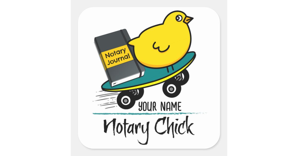 Mobile Notary Chick on Skateboard Customized Name Square Sticker | Zazzle