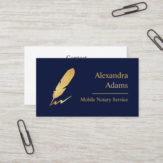 Mobile Notary Gold Feather Logo Indigo Business Card | Zazzle