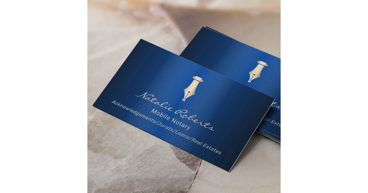 Mobile Notary Public Golden Signing Pen Navy Blue Business Card | Zazzle