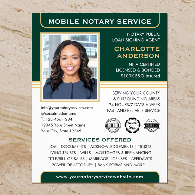Mobile Notary Public Loan Signing Agent Green Gold Flyer | Zazzle