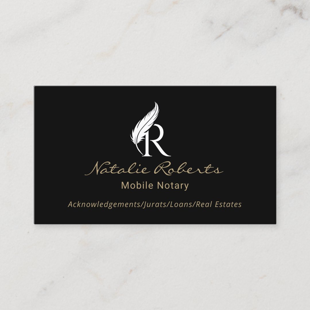 Mobile Notary Signing Agent Feather Monogram Logo Business Card | Zazzle