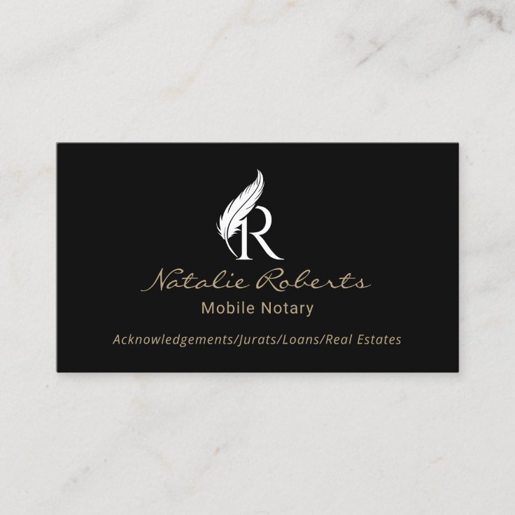 Mobile Notary Signing Agent Feather Monogram Logo Business Card | Zazzle