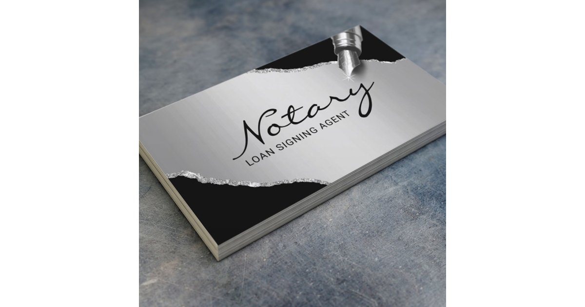 Mobile Notary Signing Agent Modern Black & Silver Business Card | Zazzle