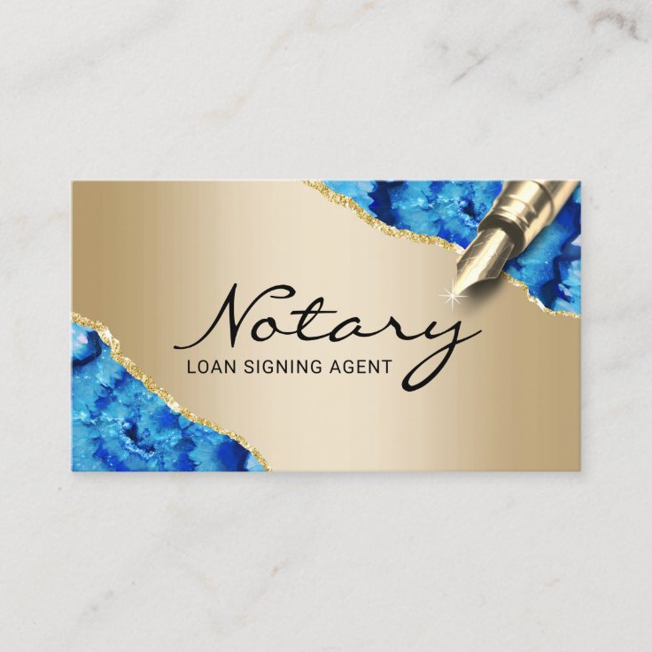 Mobile Notary Signing Agent Modern Gold Blue Agate Business Card | Zazzle
