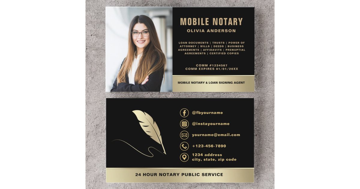 Mobile Notary Signing Agent Photo Black & Gold Business Card | Zazzle
