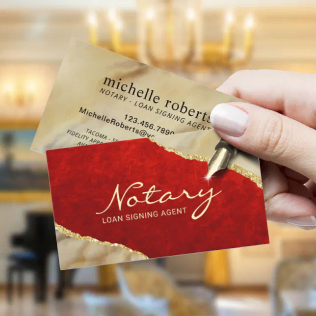 Mobile Notary Signing Agent Red & Gold Agate Business Card | Zazzle