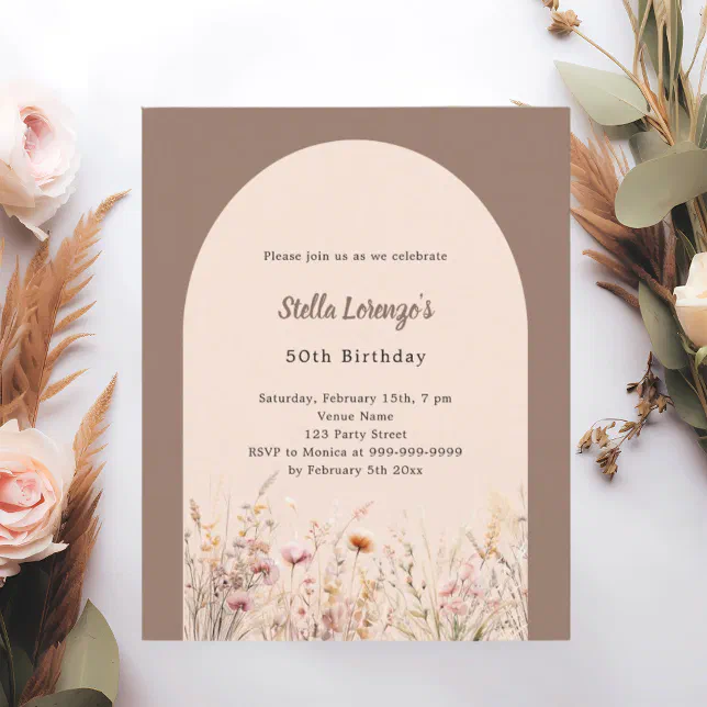 Mocha beige wildflower florals birthday invitation | Zazzle