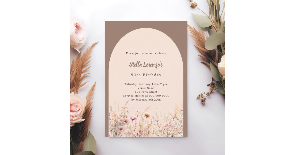 Mocha beige wildflower florals birthday invitation | Zazzle