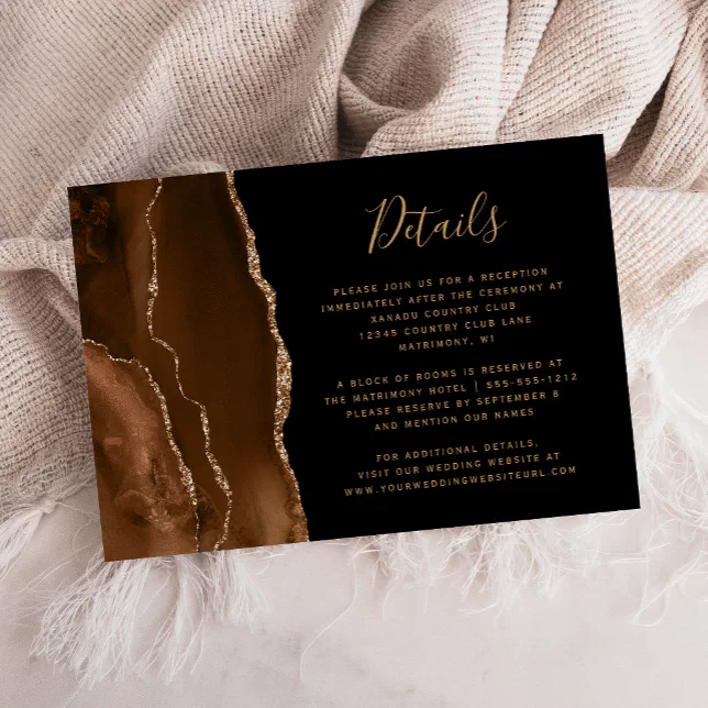 Mocha Brown Gold Agate Black Wedding Details Enclosure Card | Zazzle