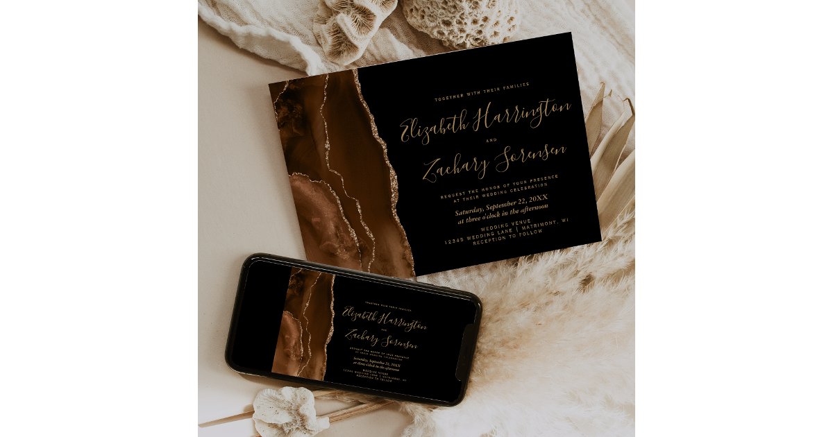 Mocha Brown Gold Agate Dark Wedding Invitation | Zazzle