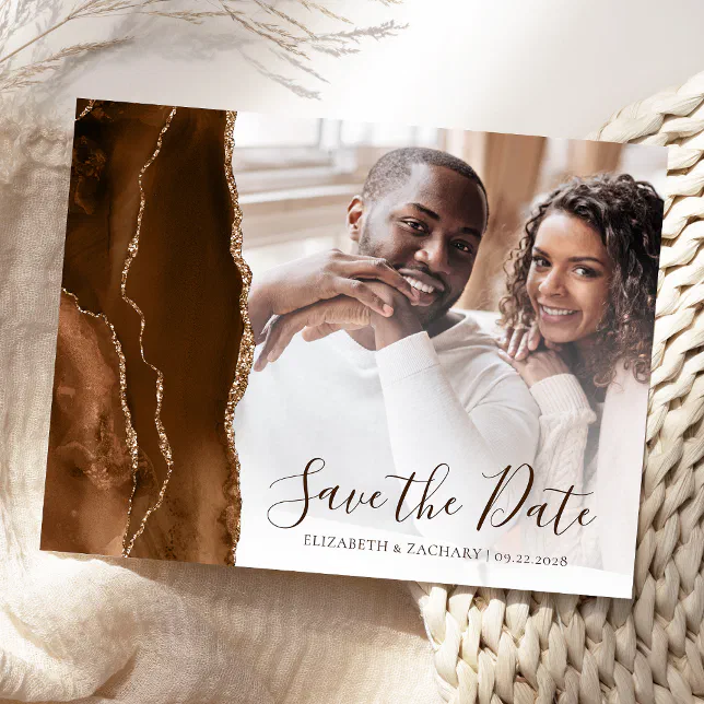 Mocha Brown Gold Agate Photo Save the Date Postcard | Zazzle