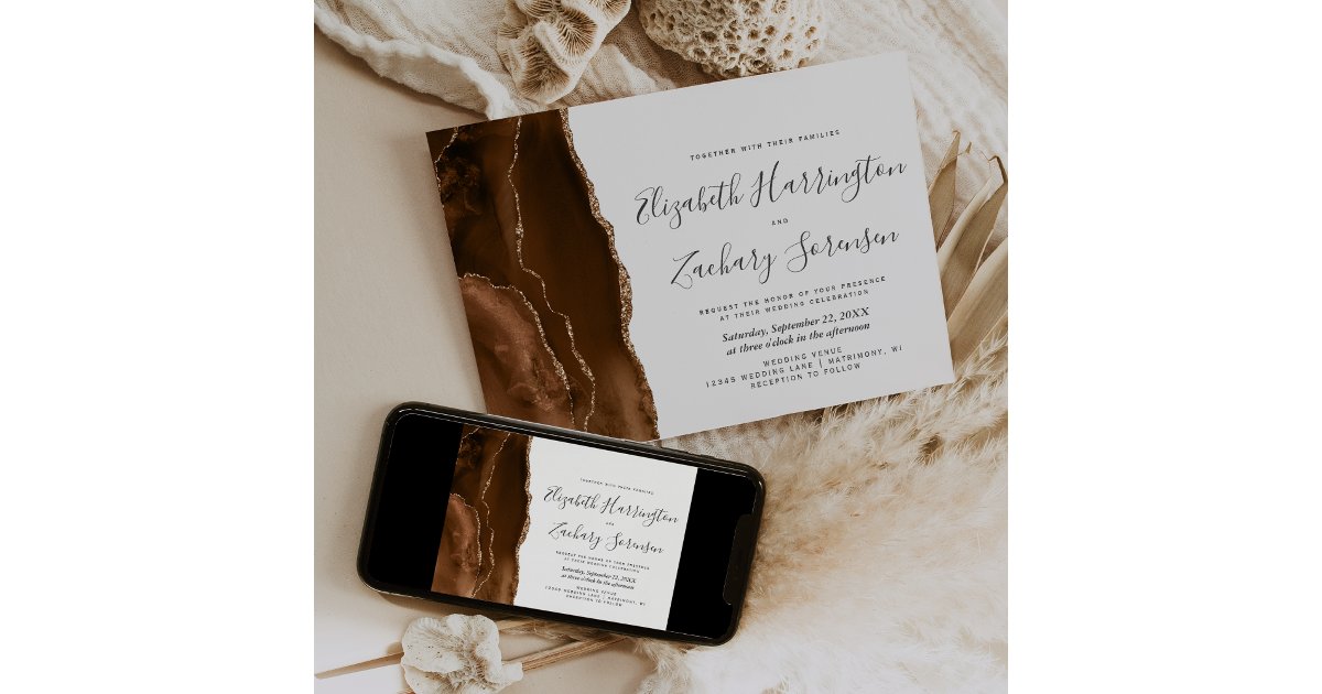 Mocha Brown Gold Agate Wedding Invitation | Zazzle