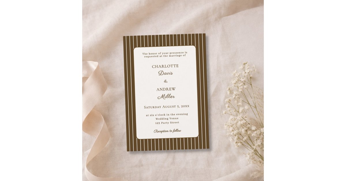 Mocha Brown Ivory Pinstriped Wedding Invitation | Zazzle