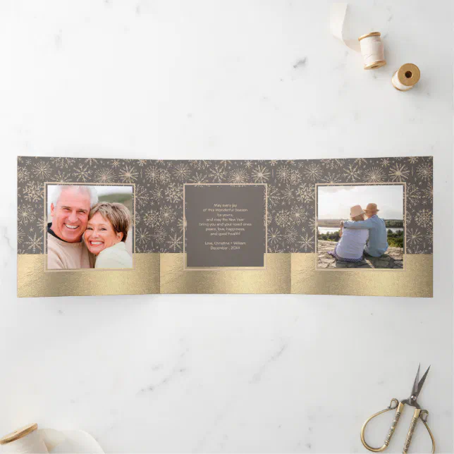 Mocha Gold Holiday Multi Photo Tri-Fold Card | Zazzle