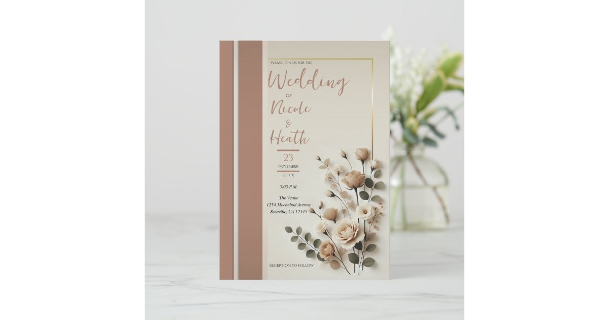 Mocha Mousse Neutral Floral Wedding Invitation | Zazzle
