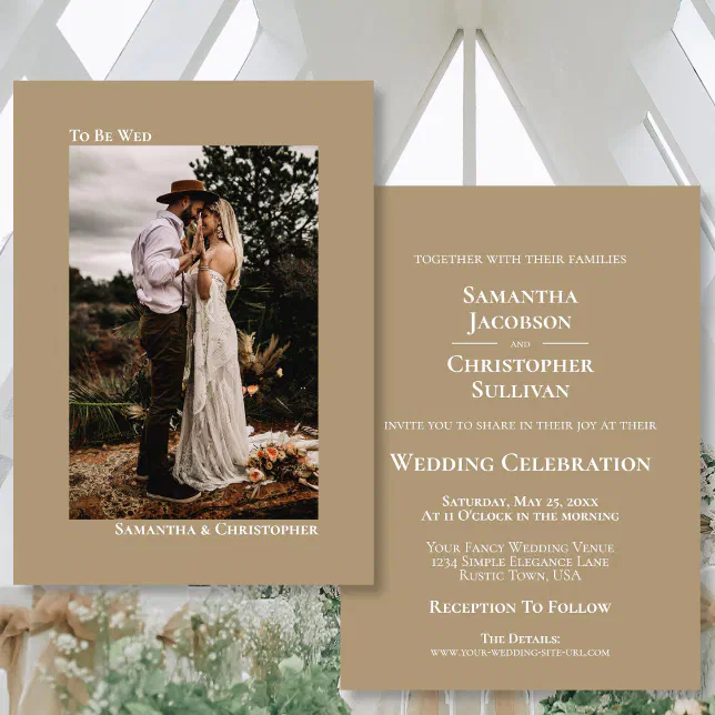 Mocha Tan Modern Minimalist Vertical Photo Wedding Invitation | Zazzle