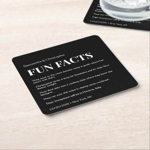Mod Black and white custom fun fact list Wedding Square Paper Coaster ...