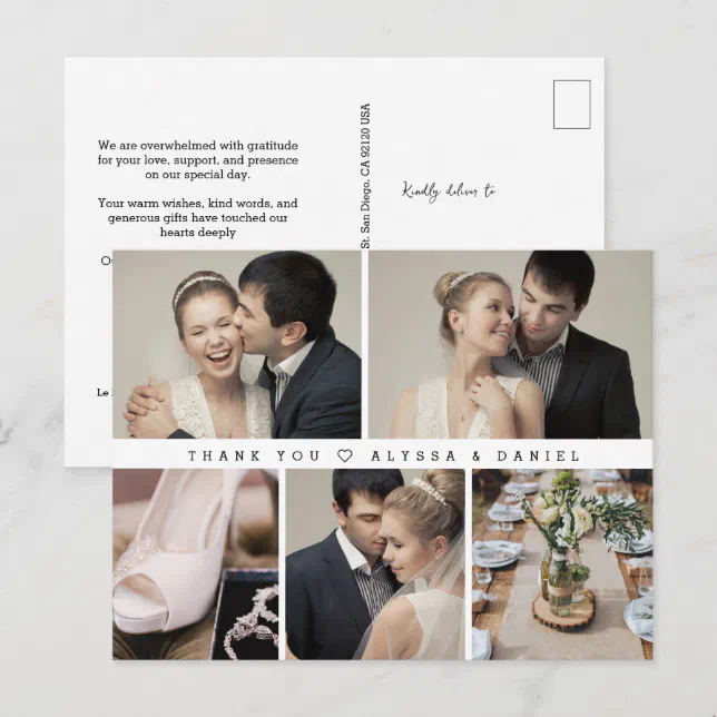 Mod Black White Wedding Photo Grid Heart thank yo Postcard | Zazzle