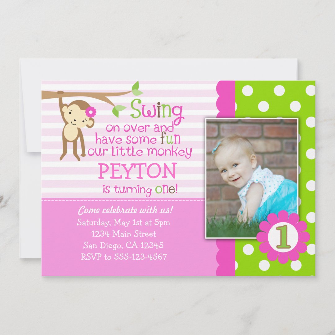 Mod Monkey Birthday Invitation For Girls Pink | Zazzle