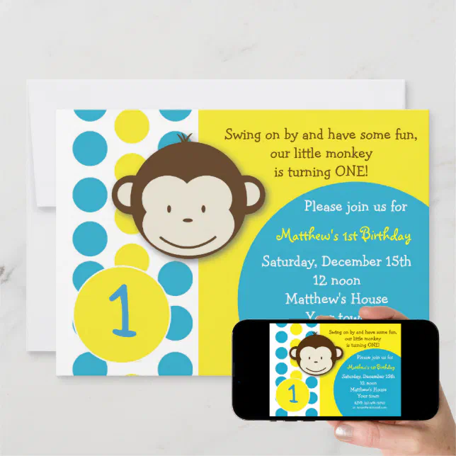 Mod Monkey Birthday Party Invitations Boy | Zazzle