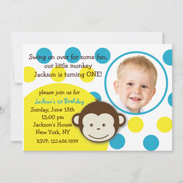 Mod Monkey Boy Photo Birthday Party Invitations | Zazzle
