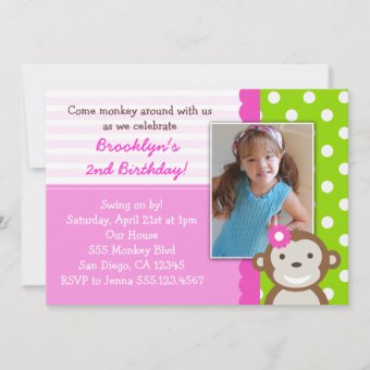 Mod Monkey Girl Birthday Invitation Pink | Zazzle