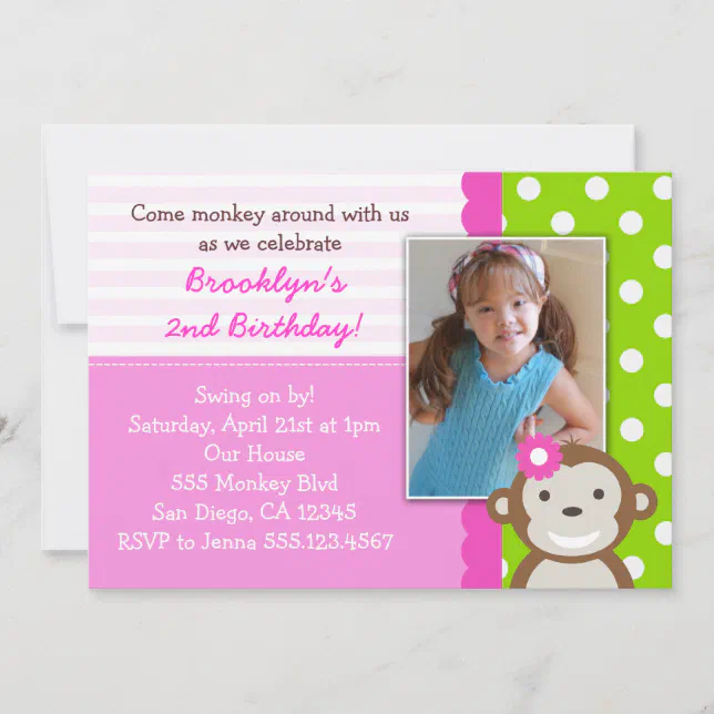 Mod Monkey Girl Birthday Invitation Pink | Zazzle