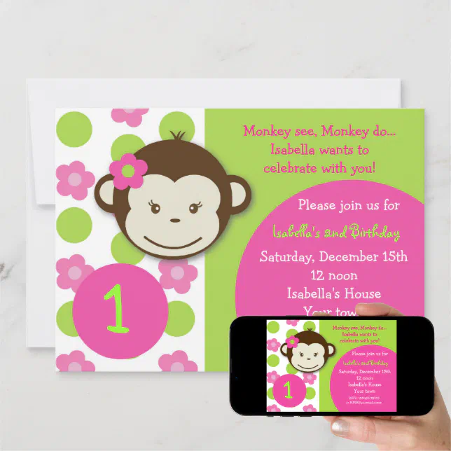 Mod Monkey Girl BIrthday Party Invitations | Zazzle