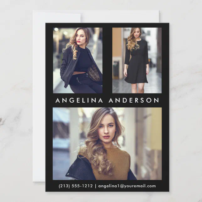 Model Actor 3 Photo Comp Card - Black Front | Zazzle