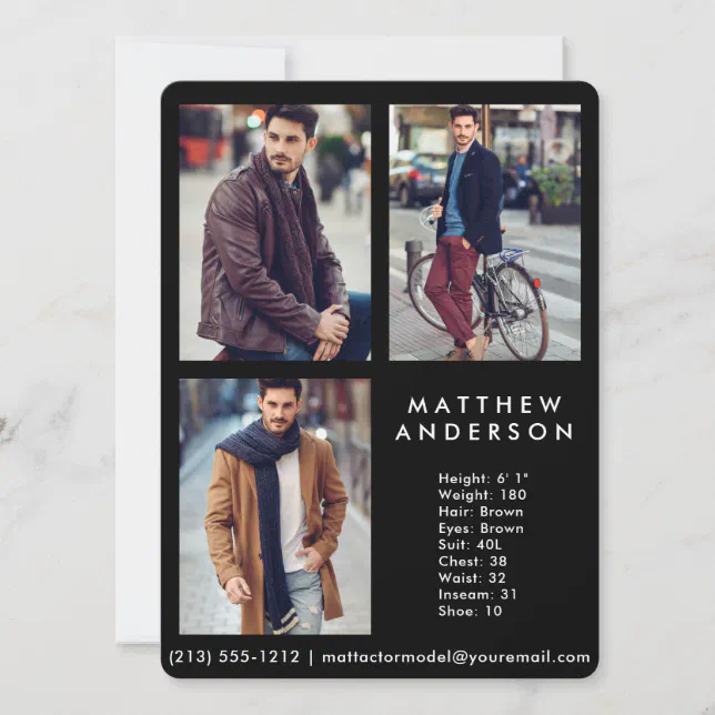 Model Actor 3 Photo Comp Card Black R | Zazzle