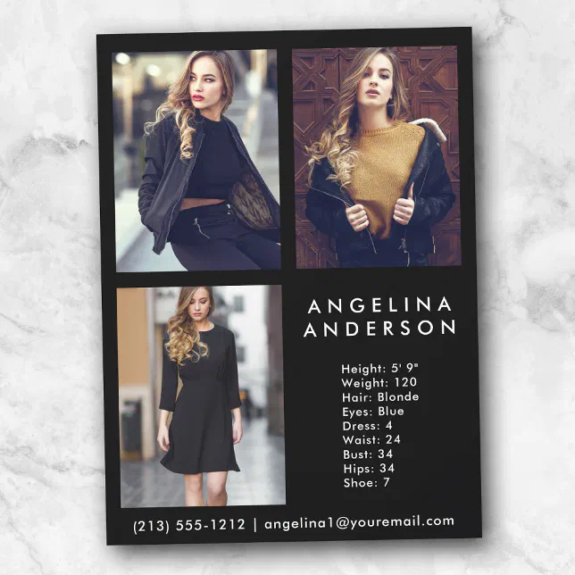 Model Actor 3 Photo Comp Card Blk | Zazzle