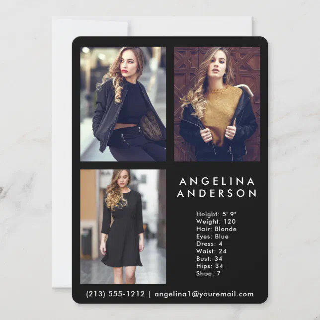 Model Actor 3 Photo Comp Card Blk R | Zazzle