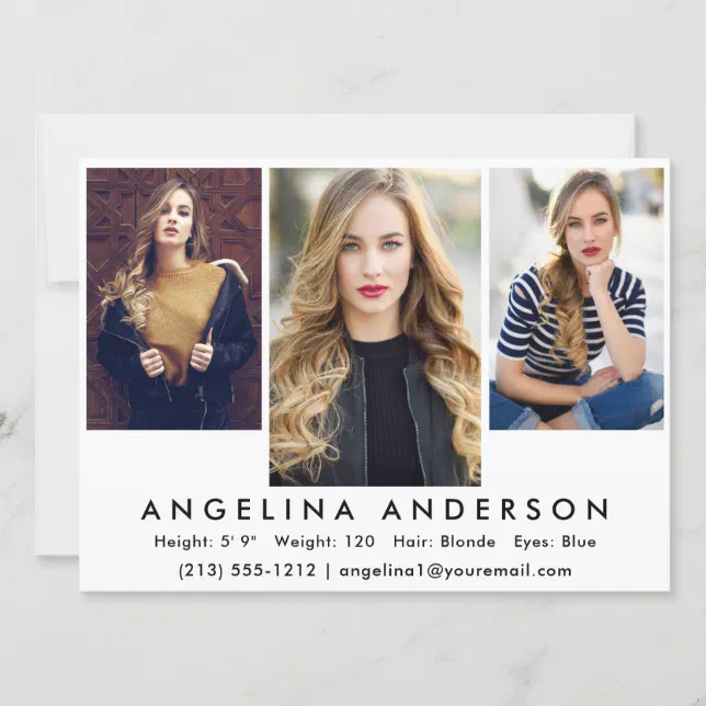 Model Actor 3 Photo Comp Card | White Front | Zazzle