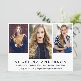 Model Actor 3 Photo Comp Card | White Front | Zazzle