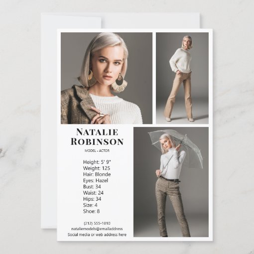 Model Actor 3 Photo Pro Comp Card Template White | Zazzle