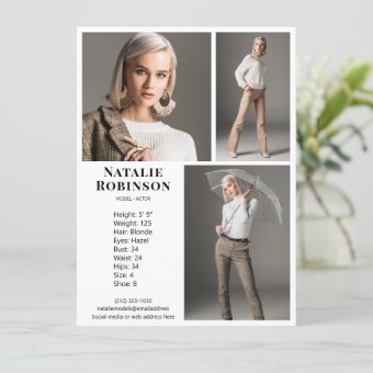 Model Actor 3 Photo Pro Comp Card Template White | Zazzle