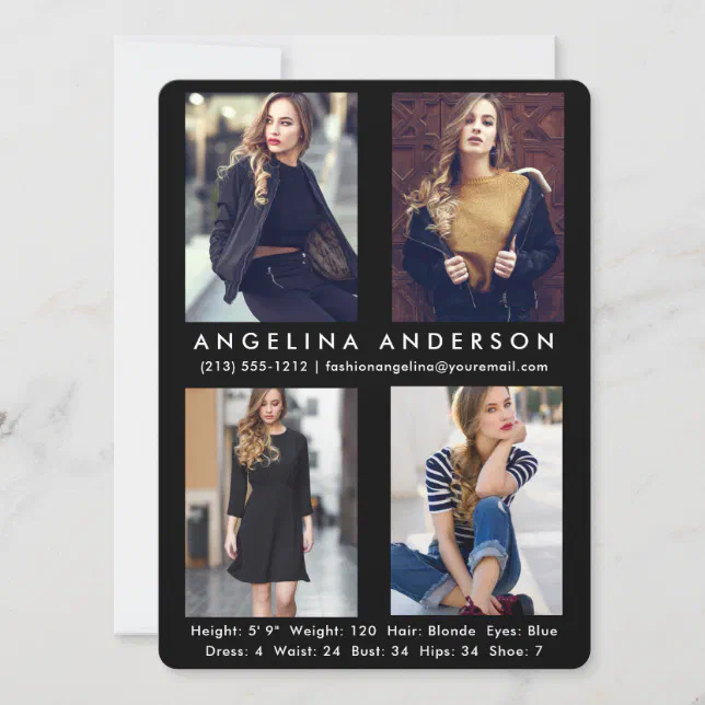 Model Actor 4 Photo Comp Card Blk R | Zazzle