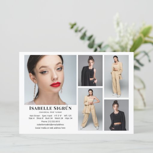 Model Actor 5 Photo Comp Card Template 5x7 White | Zazzle