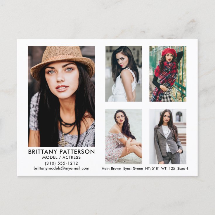 Model Actor 5 Photo Comp Card White Postcard | Zazzle